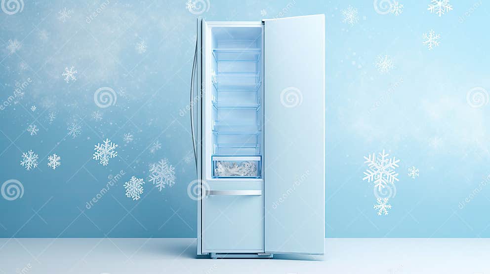 Modern Fridge and Flying Snowflake on Light Blue Background Stock Image ...