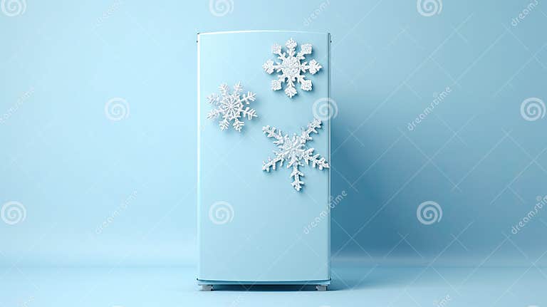 Modern Fridge and Flying Snowflake on Light Blue Background Stock Image ...