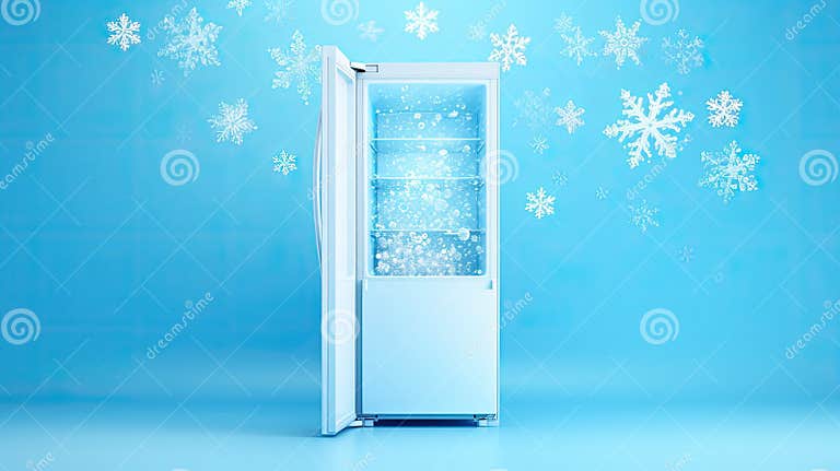 Modern Fridge and Flying Snowflake on Light Blue Background Stock Photo ...