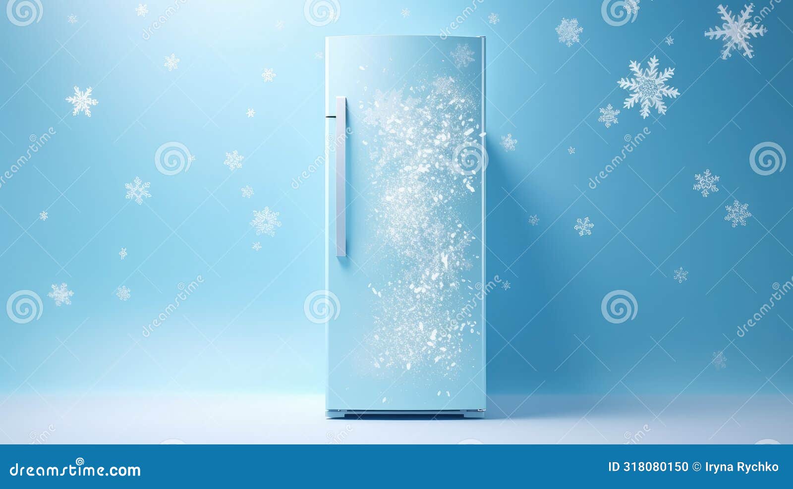 Modern Fridge and Flying Snowflake on Light Blue Background Stock Photo ...