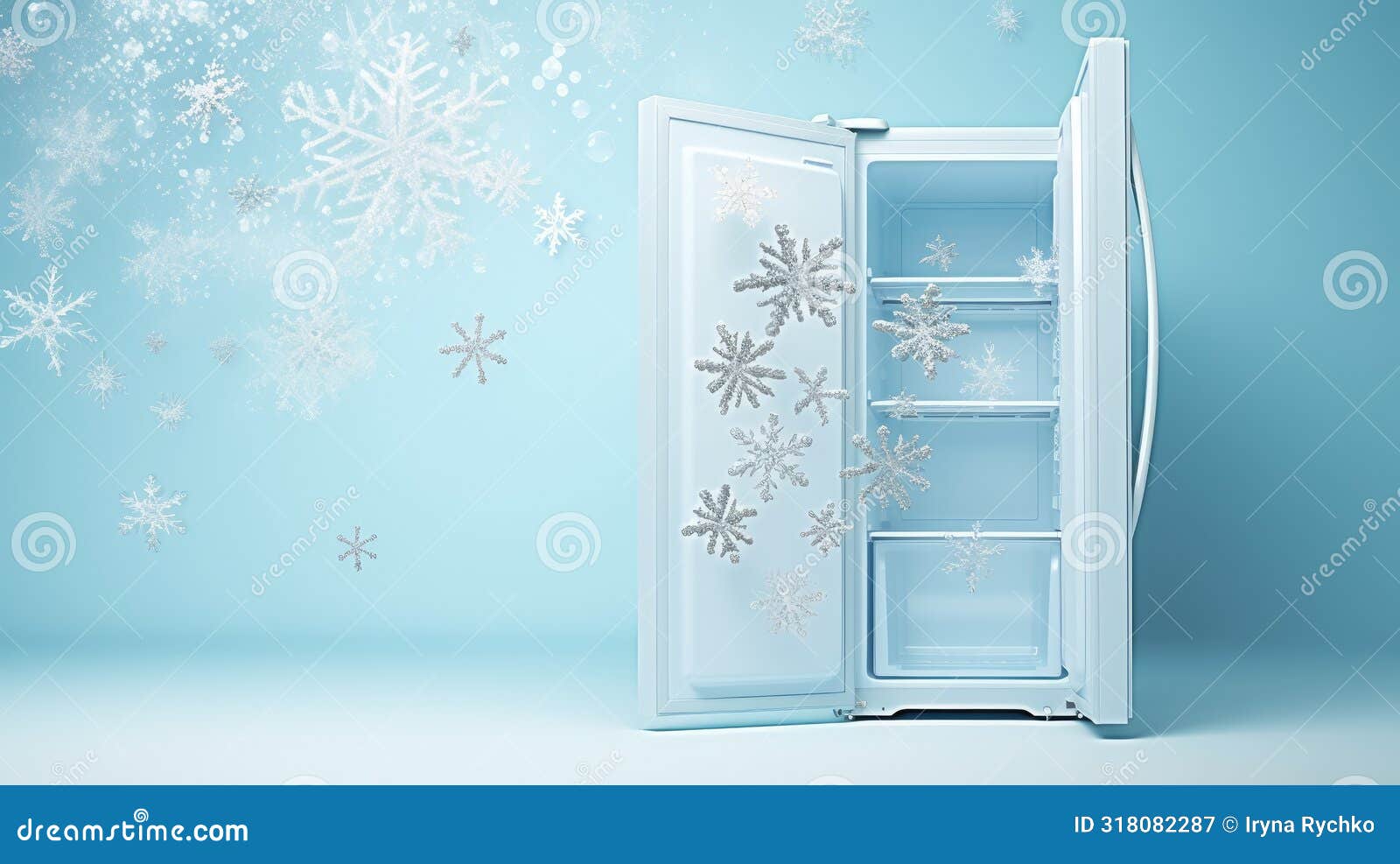 Modern Fridge and Flying Snowflake on Light Blue Background Stock Image ...