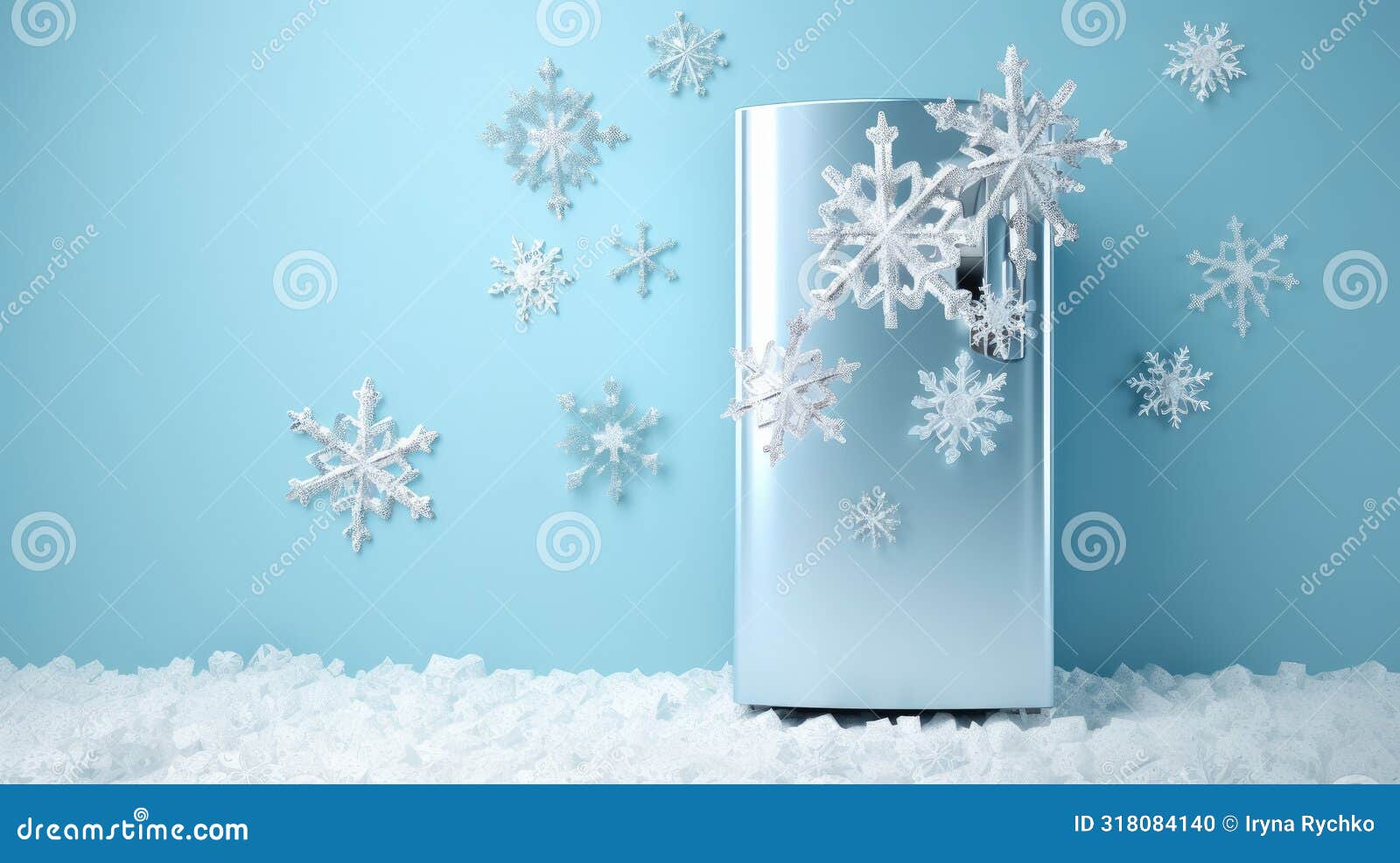 Modern Fridge and Flying Snowflake on Light Blue Background Stock Photo ...