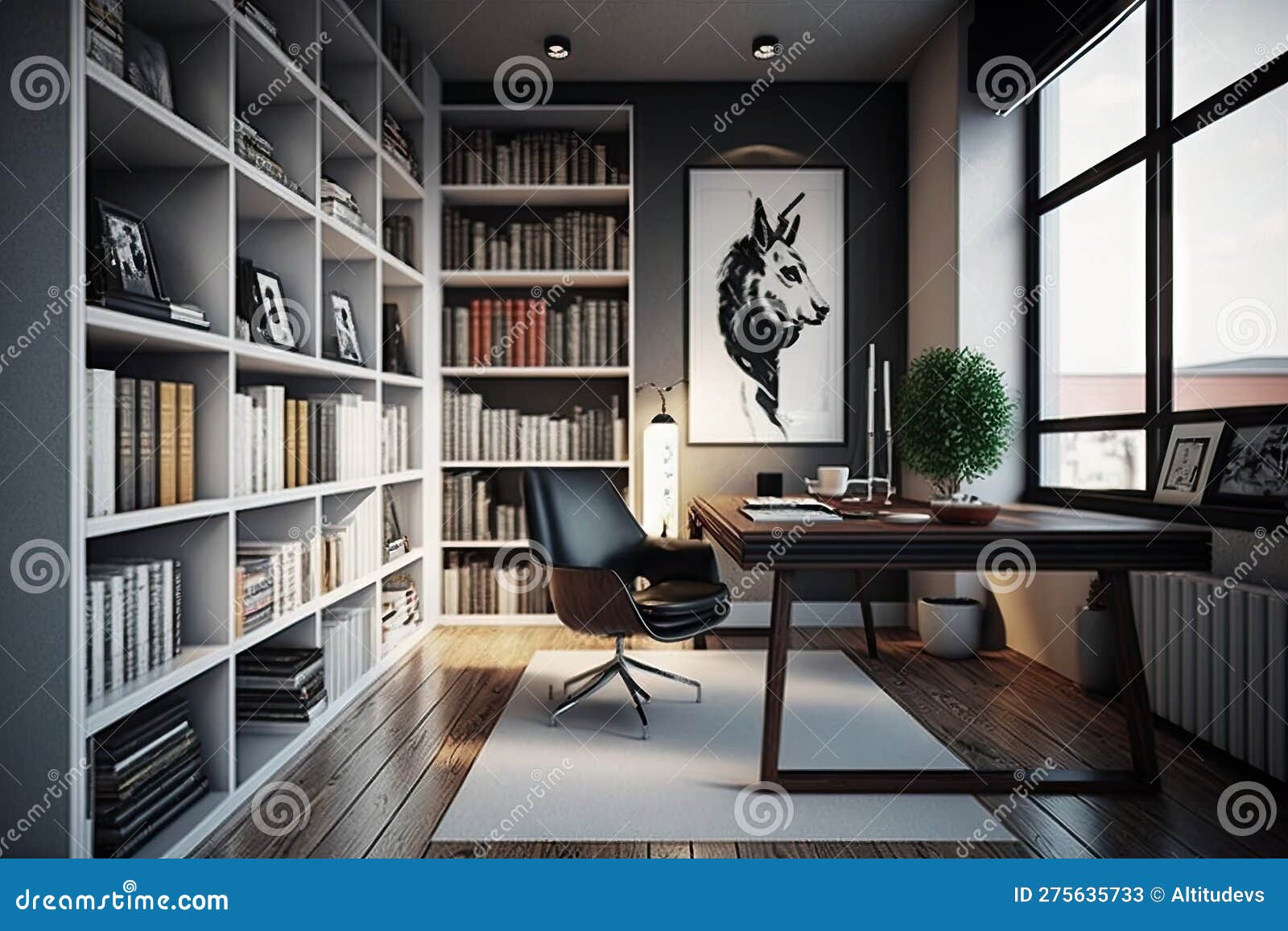 Modern and Functional Office, with Bookshelves As the Focal Point Stock ...
