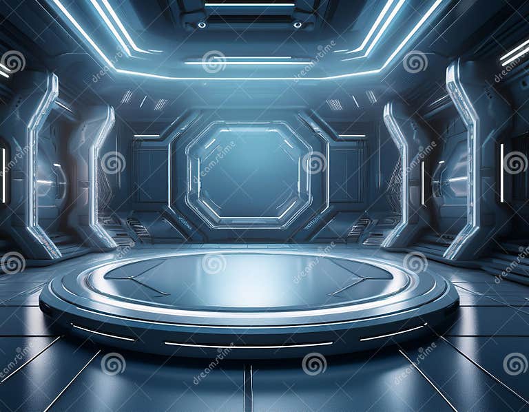 Modern Future: a Futuristic Interior with an Empty Stage and High-Tech Sci-Fi Technology ...