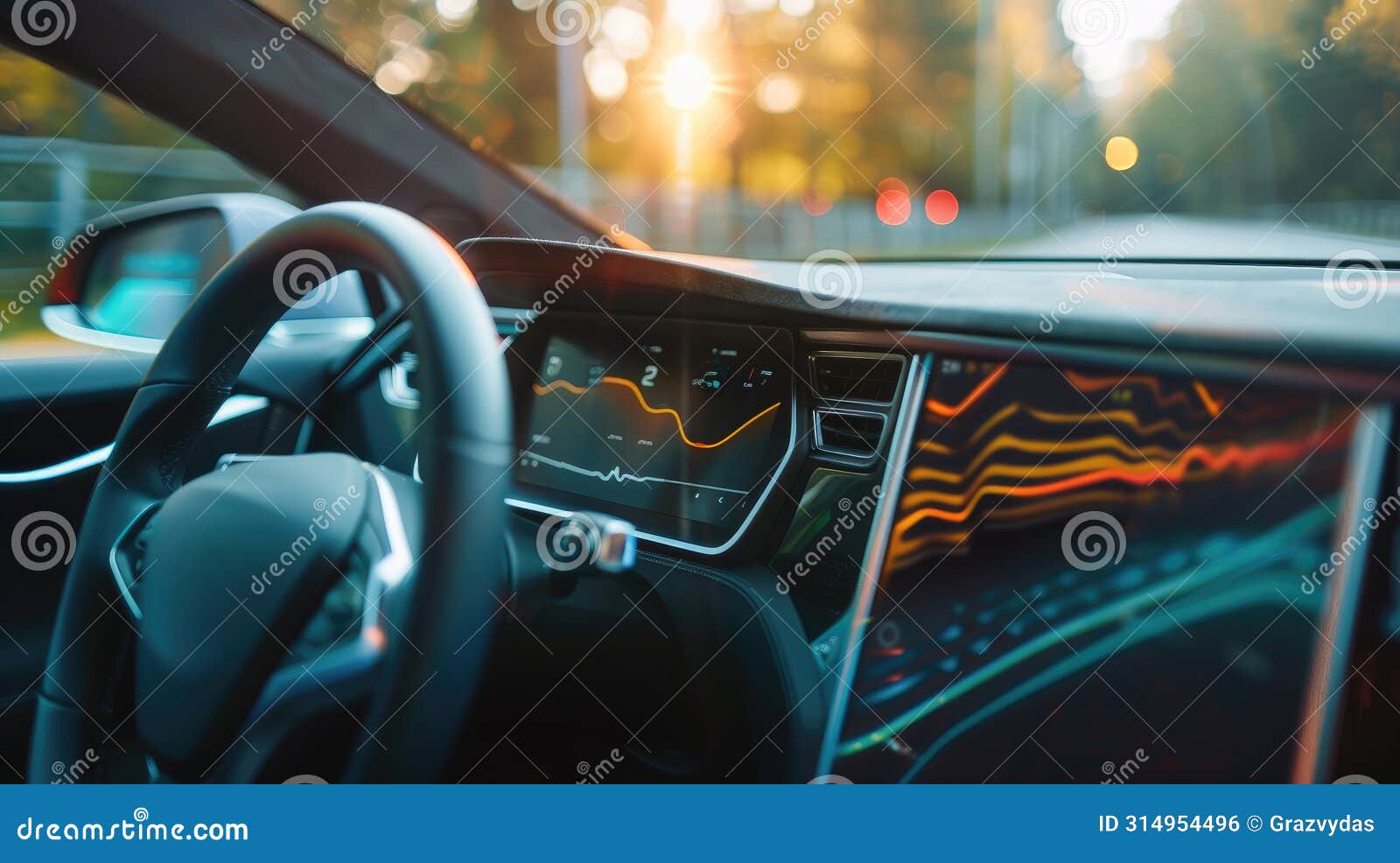 Modern and Futuristic Car Steering Wheel and Touch Screen Stock ...