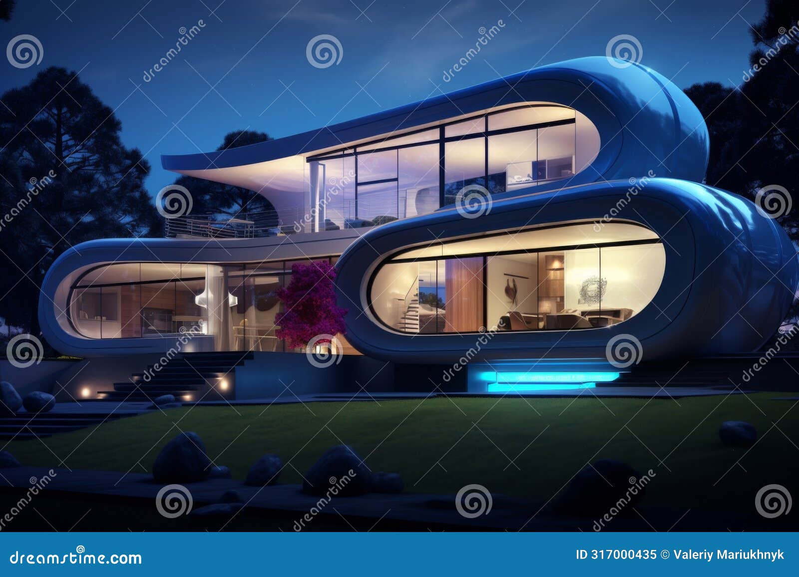 Modern Futuristic Home with Curved Architecture at Night. Generative AI ...
