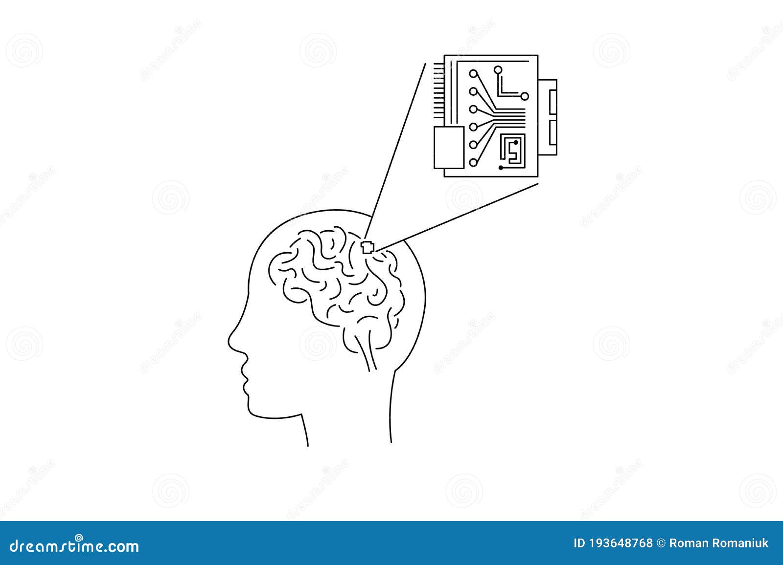Modern Futuristic Human Brain. Chip Implanted In Human Head Icon. Flat ...