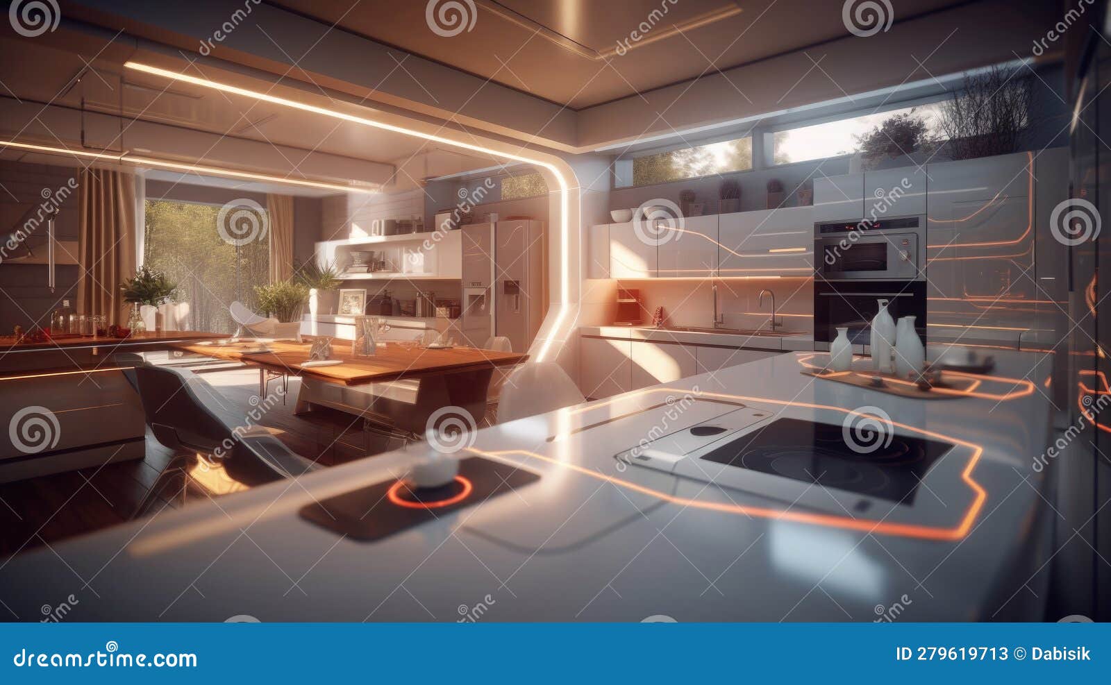 Modern Futuristic Kitchen Interior. Generative AI Stock Illustration - Illustration of light ...