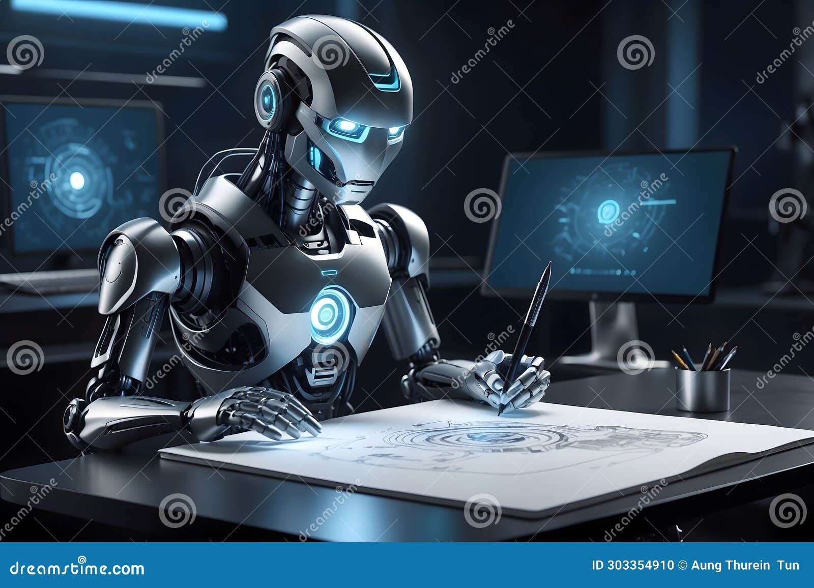 A Modern Futuristic Robot Writing on a Paper Stock Photo - Image of ...