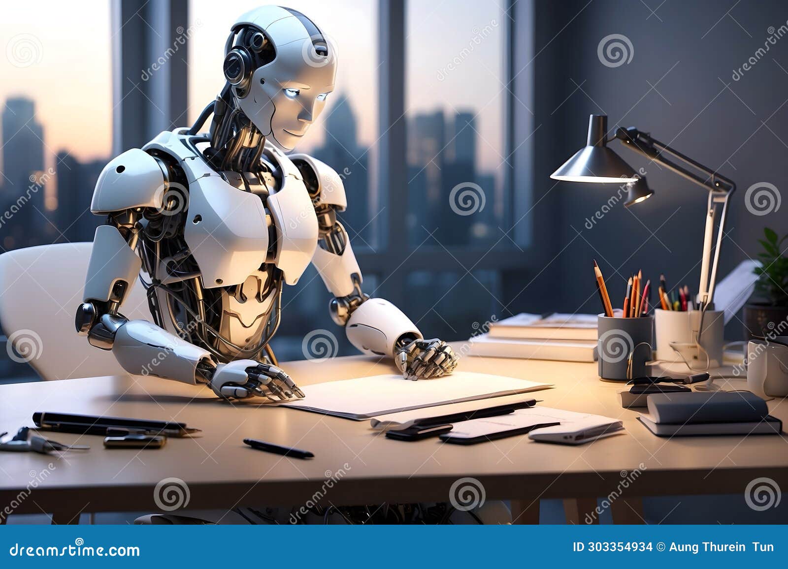 A Modern Futuristic Robot Writing on a Paper Stock Illustration ...