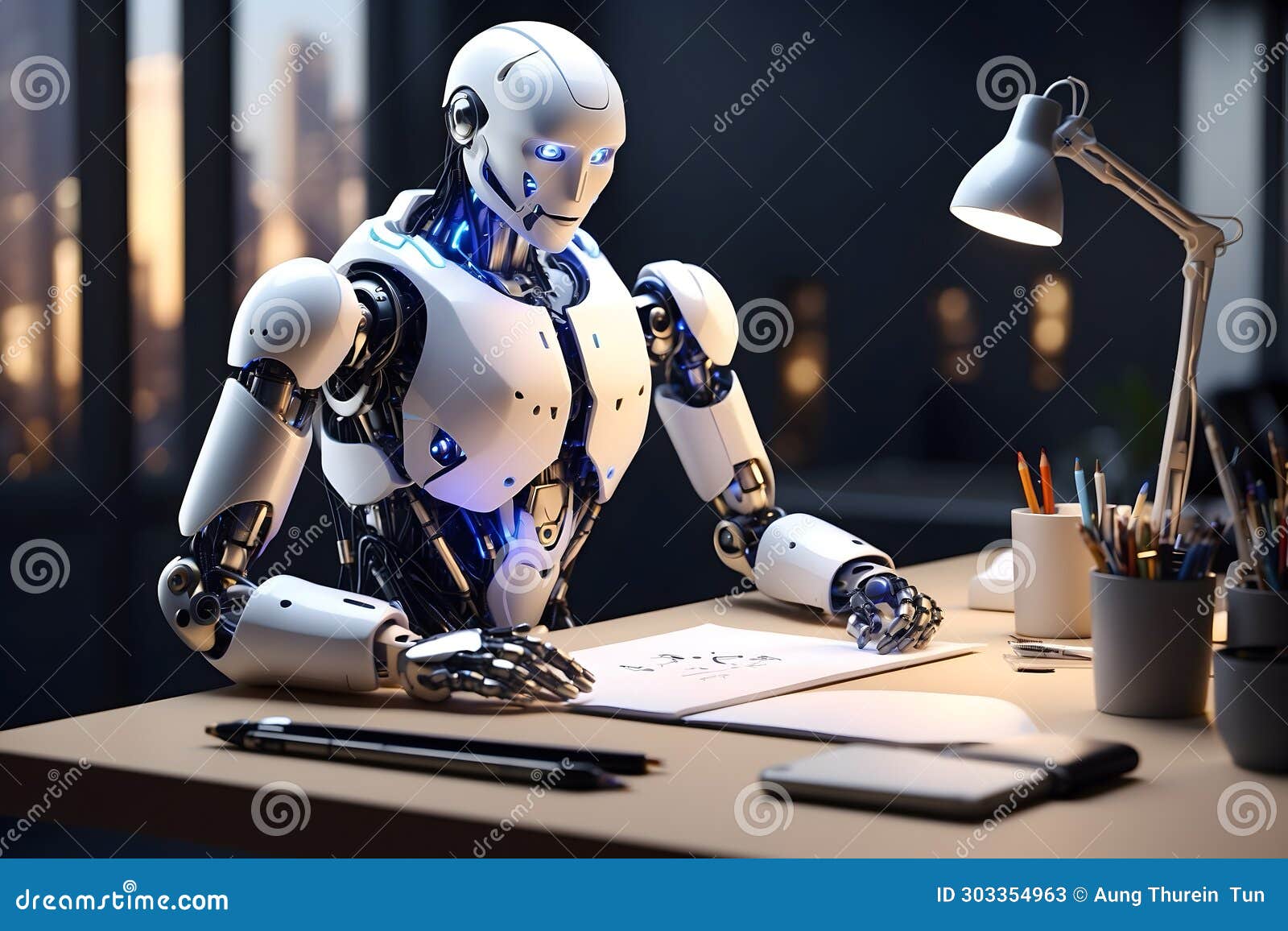 A Modern Futuristic Robot Writing on a Paper Stock Illustration ...