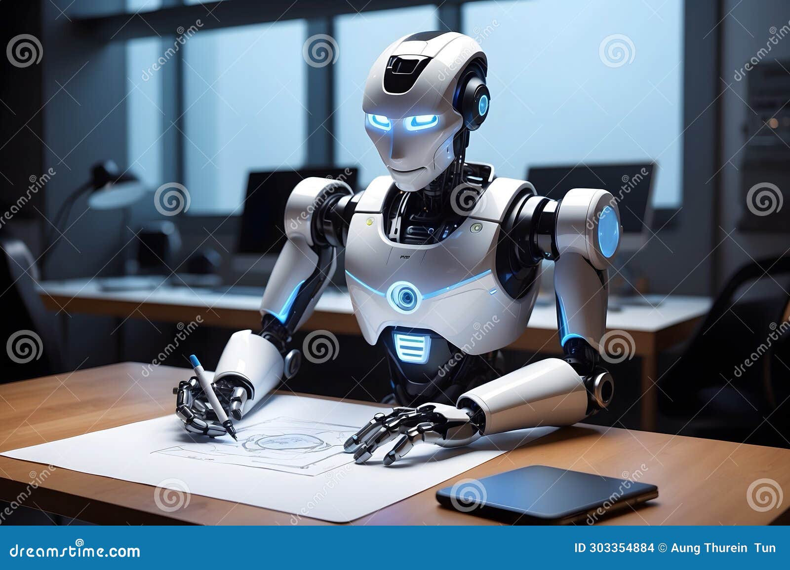 A Modern Futuristic Robot Writing on a Paper Stock Illustration ...