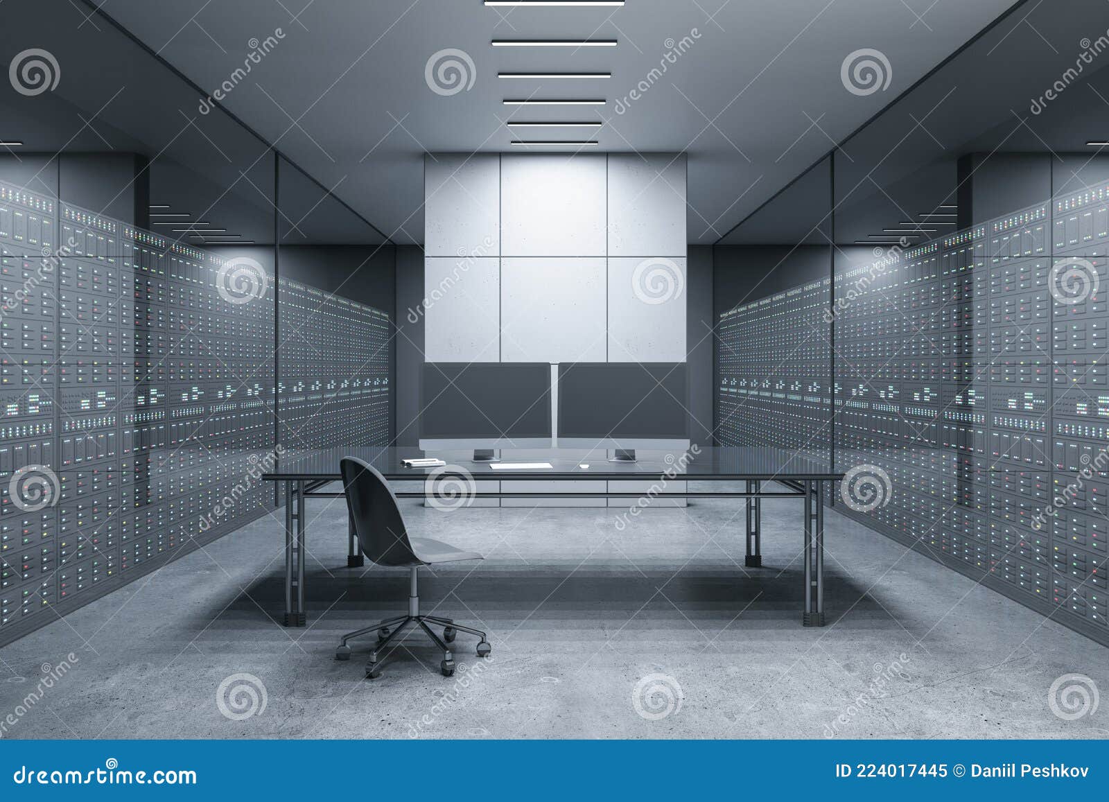 Modern Futuristic Server Room Office Interior with Desk and Empty ...