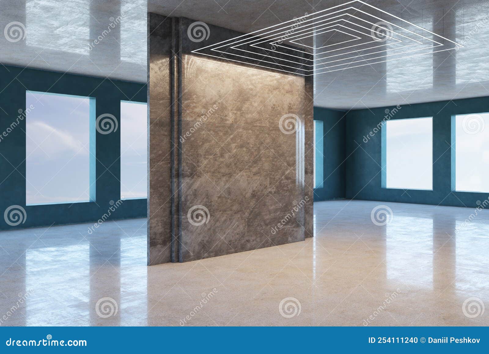 Modern Gallery Interior with Mock Up Place on Marble Wall, Windows with ...