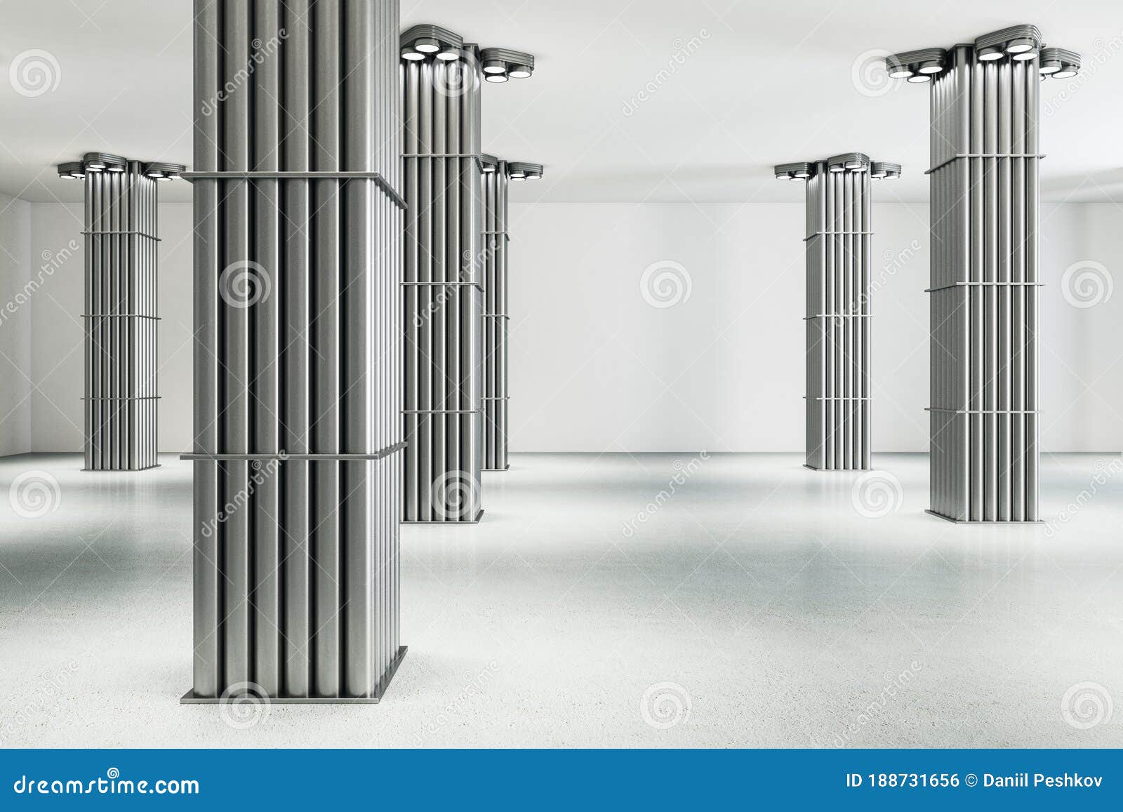 Modern Gallery Interior with Silver Pipe Columns and Blank Wall Stock ...