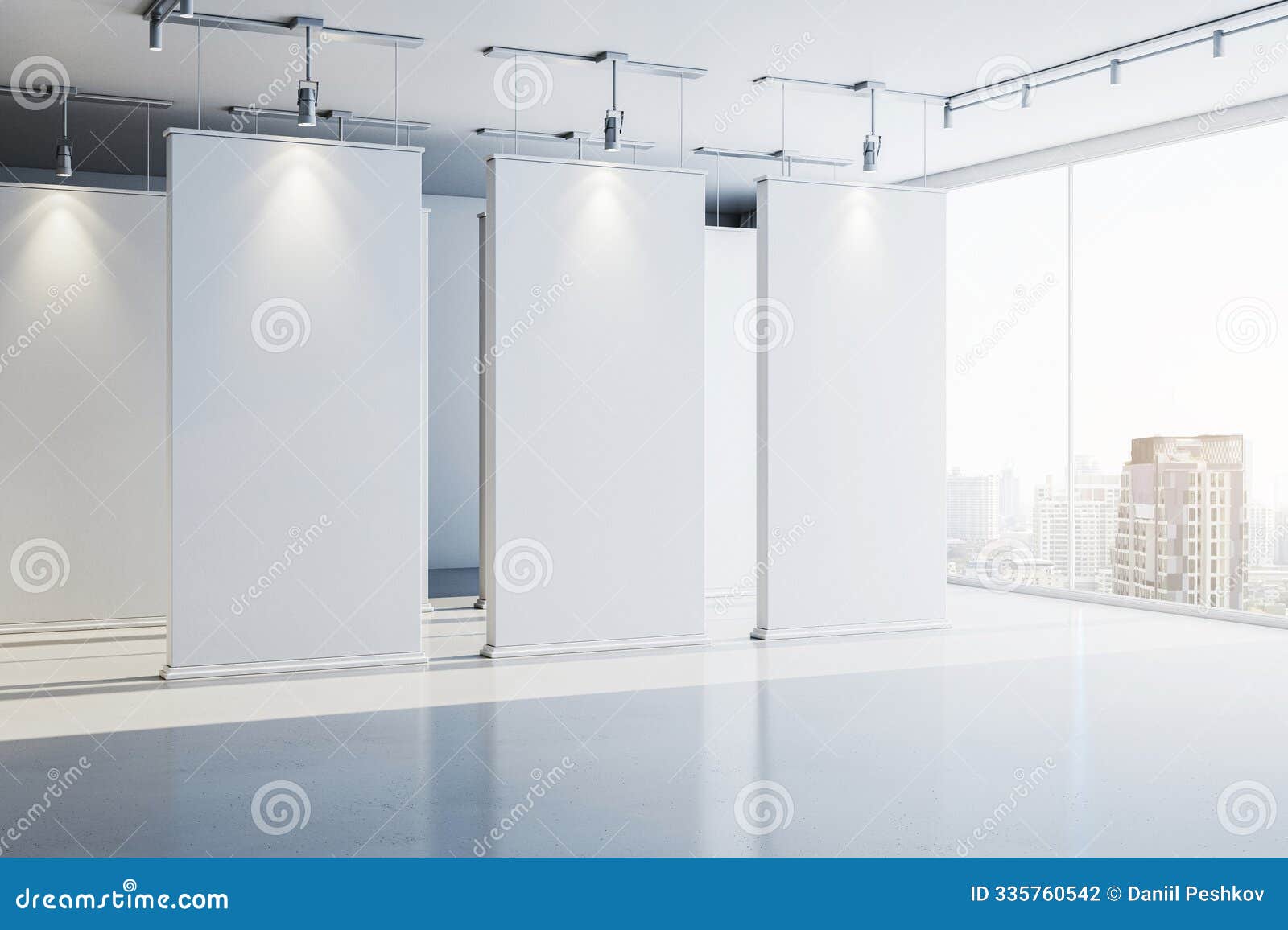 Modern Gallery Interior with White Partition Walls and City View. 3D ...