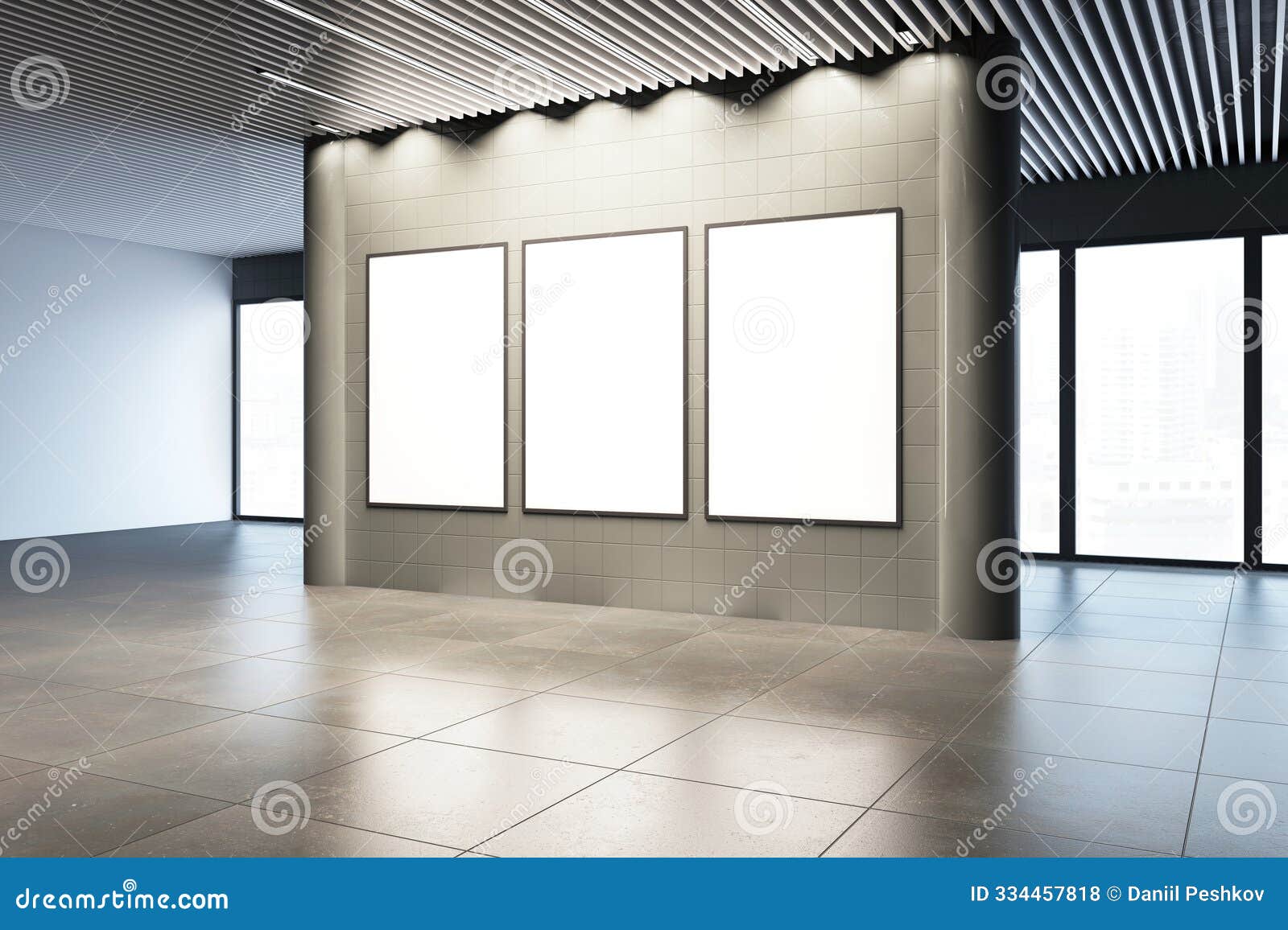 Modern Gallery Room with Three Blank Posters on a Tiled Wall. 3D ...