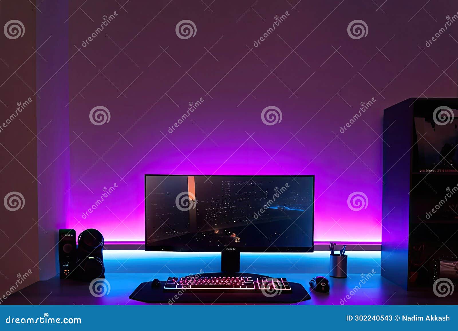 Modern Gamer Computer Desk Setup With RGB Lights On The Background, PC ...