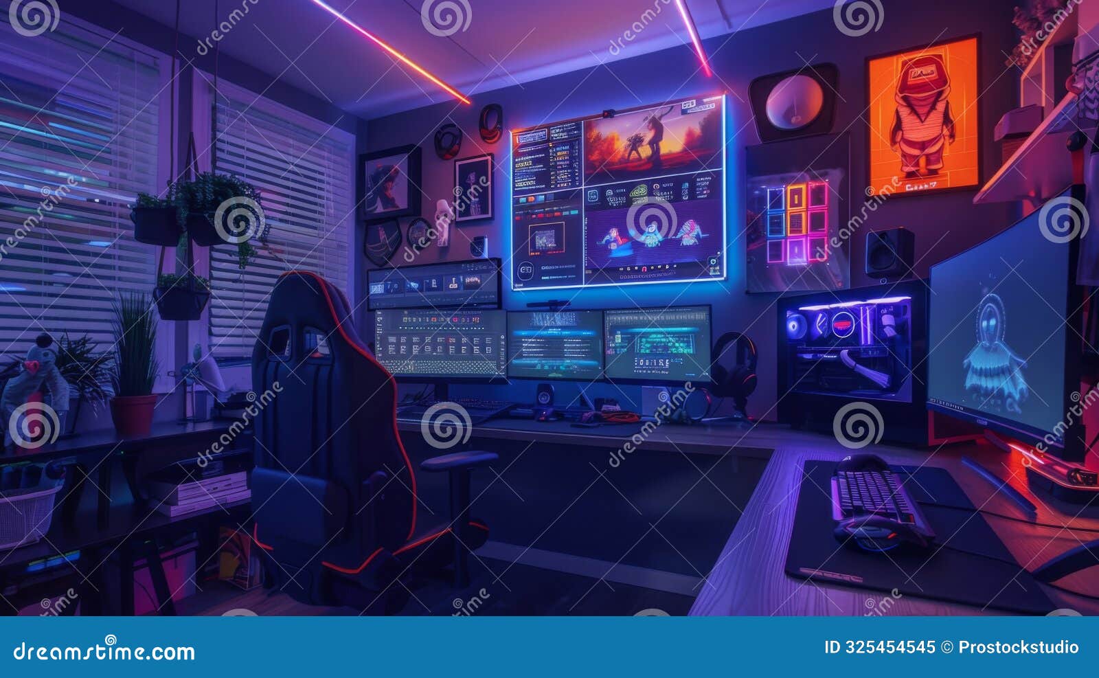 Modern Gaming Setup with Neon Lights Stock Image - Image of lifestyle ...