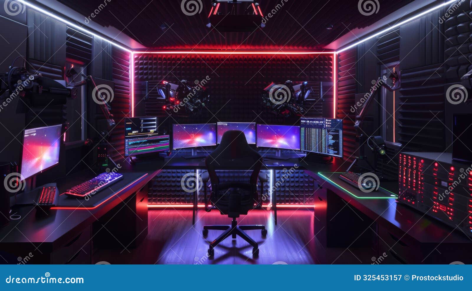 Modern Gaming Setup with Red and Blue Lighting Stock Image - Image of microphone, studio: 325453157