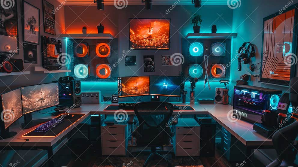 Modern Gaming Setup with RGB Lighting Stock Image - Image of lamp ...