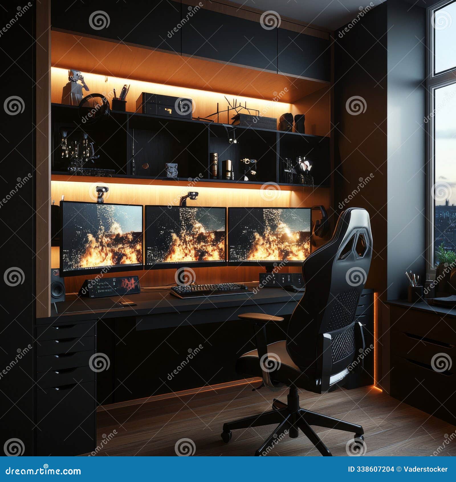 Modern Gaming Setup with Triple Monitors and a Black Desk Stock ...