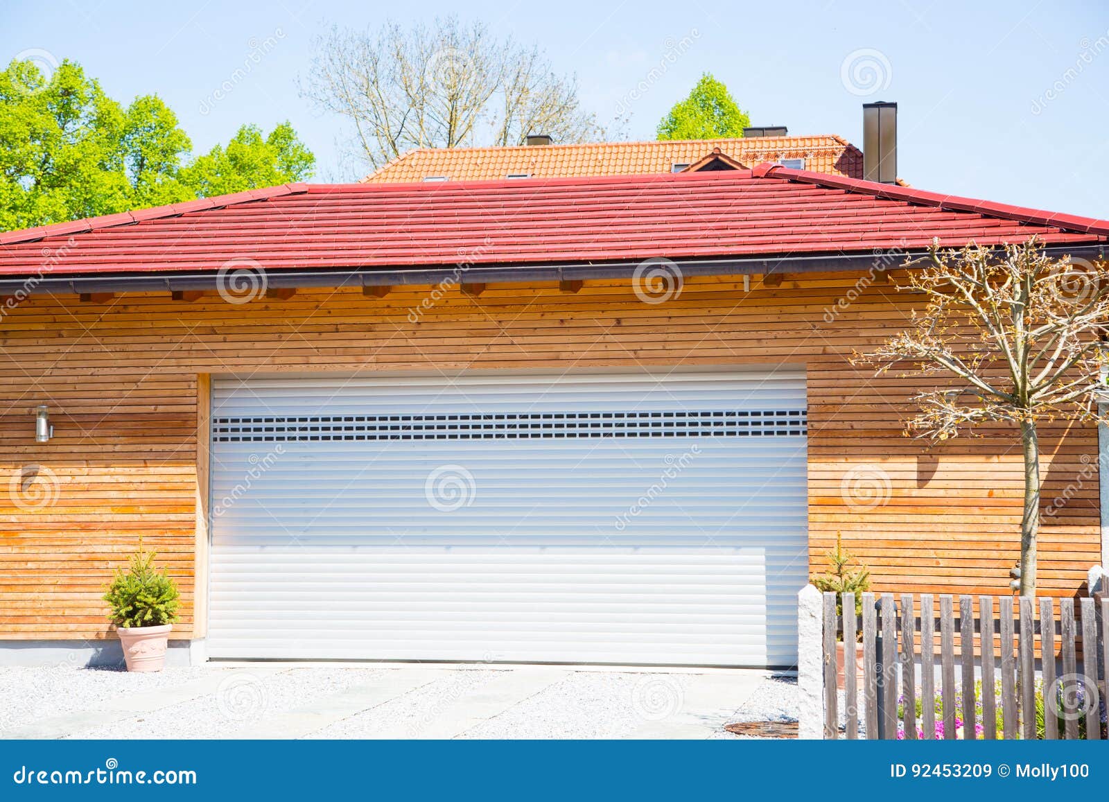 Modern Garage, White, Wooden Cladding Stock Image - Image of concrete ...