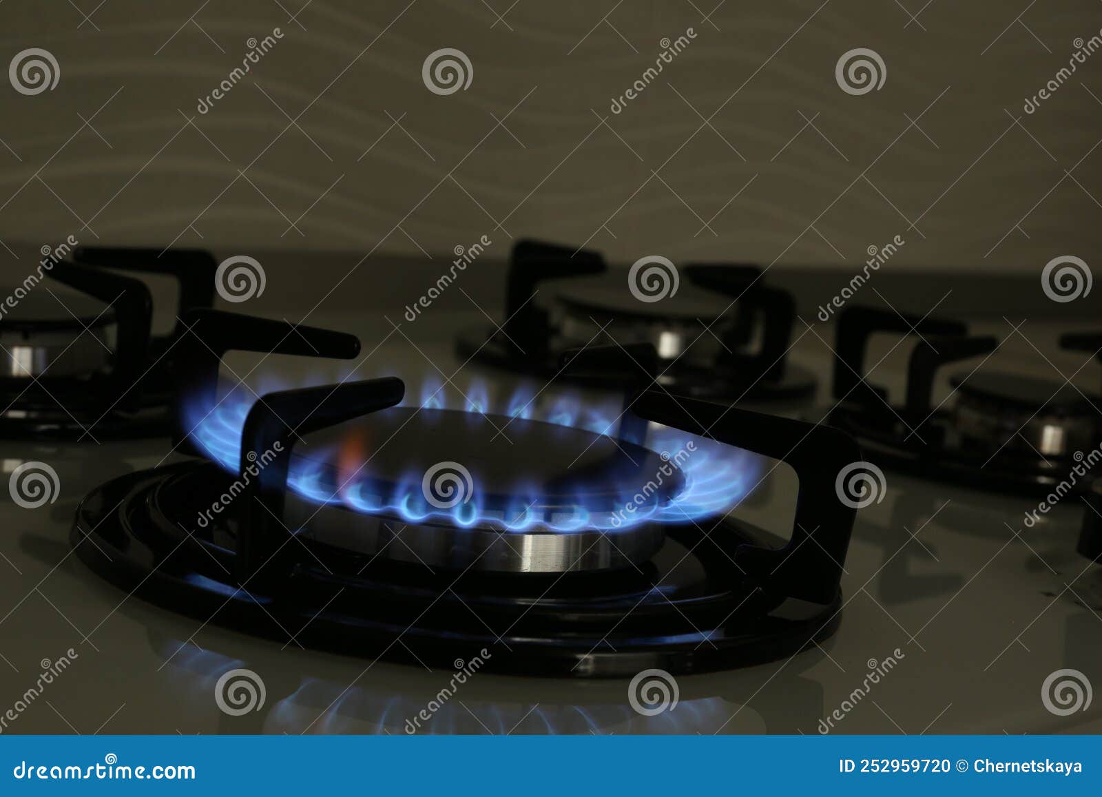 Modern Gas Cooktop with Burning Blue Flame in Kitchen Stock Photo ...