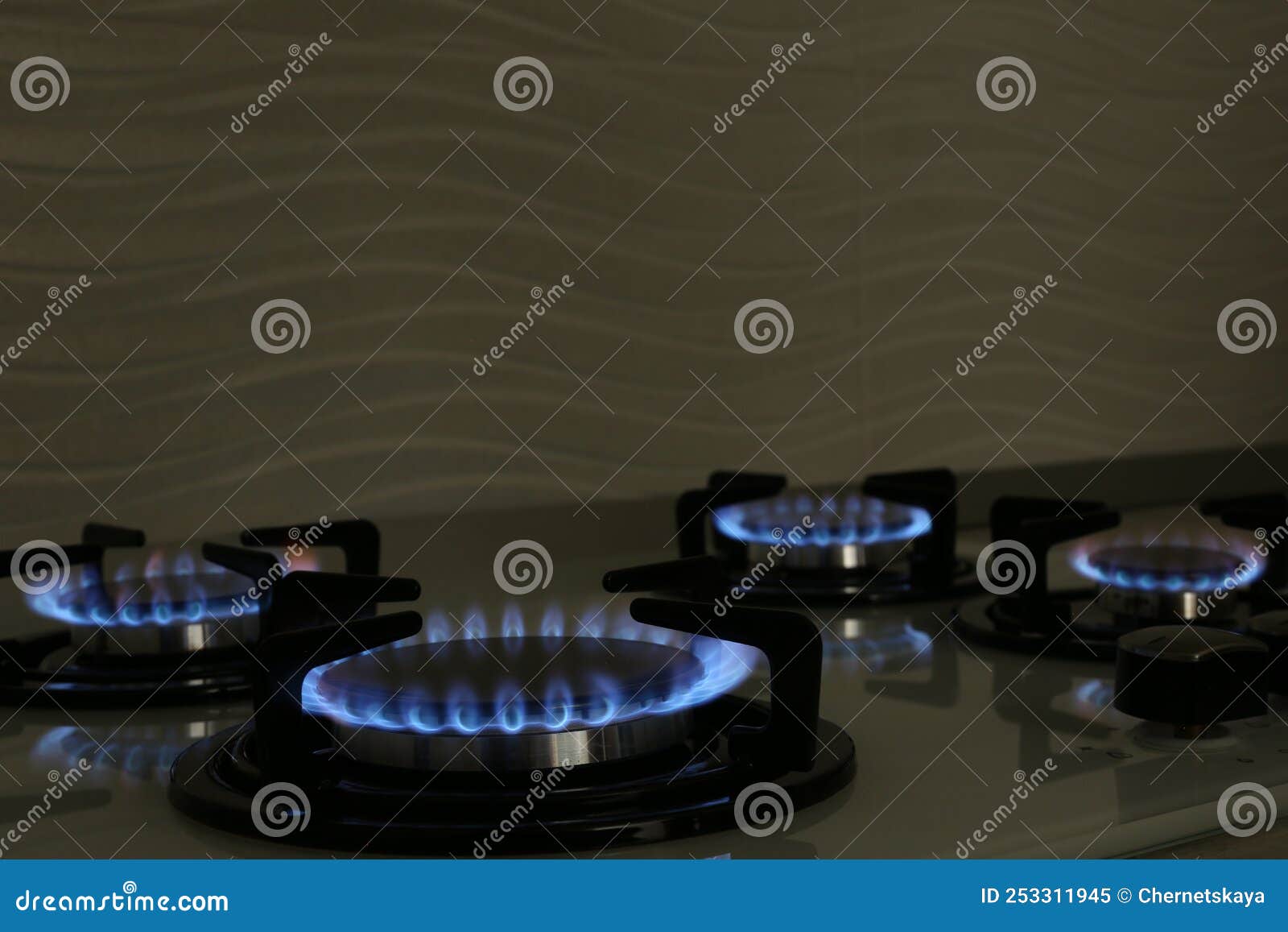Modern Gas Cooktop with Burning Blue Flames in Kitchen Stock Image ...