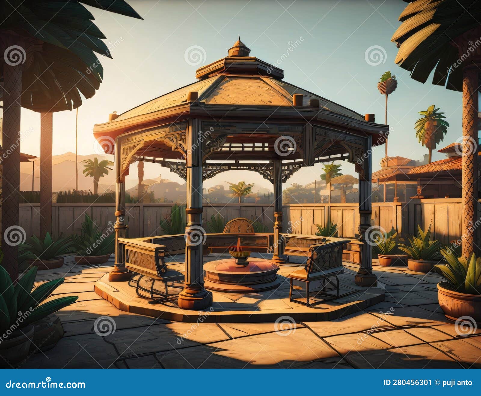 Modern Gazebo Design with a Round Shape and Equipped with a Seat Stock ...