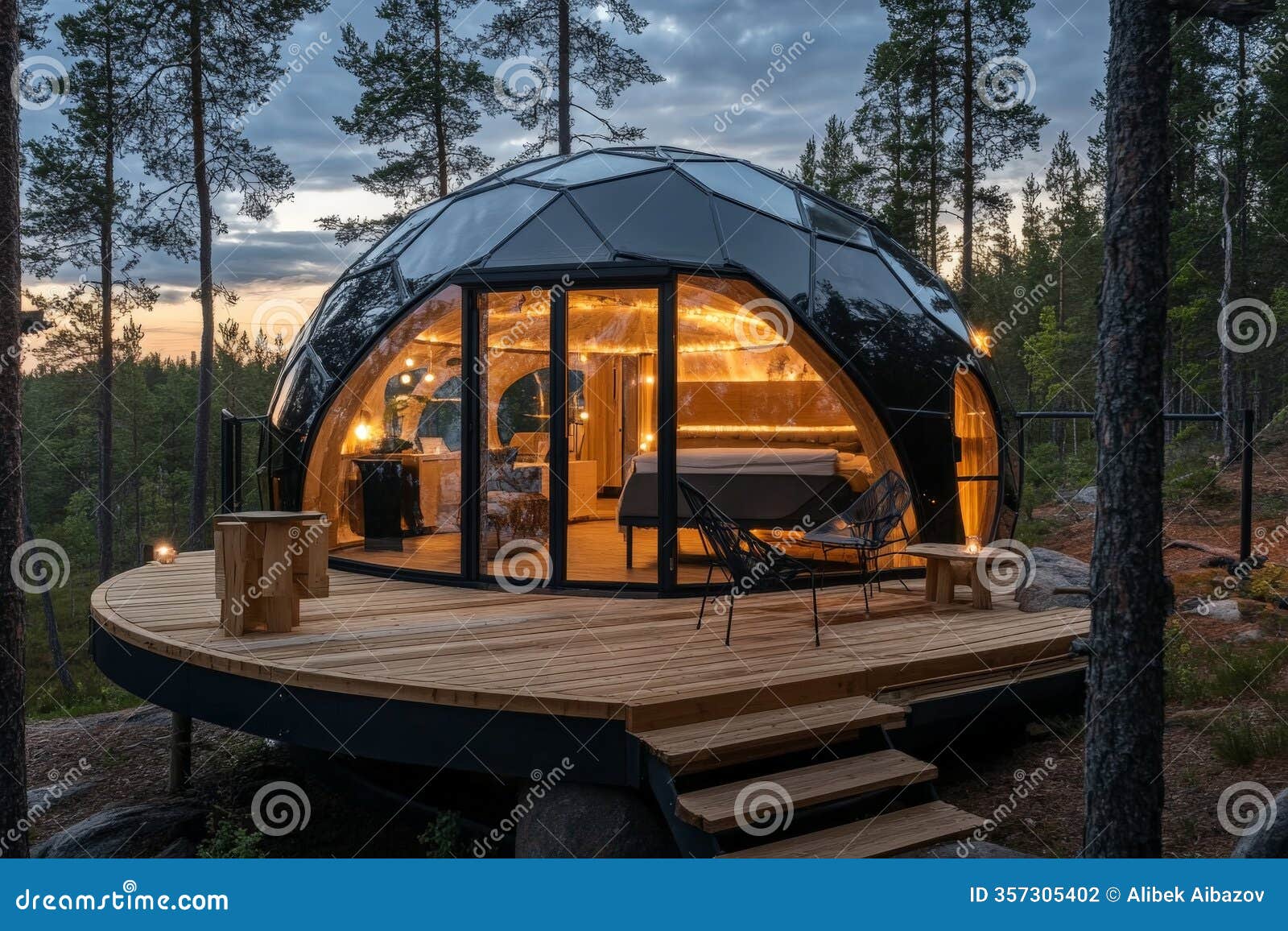 Modern Geodesic Dome Cabin in Forest with Scenic Sunset View Stock ...