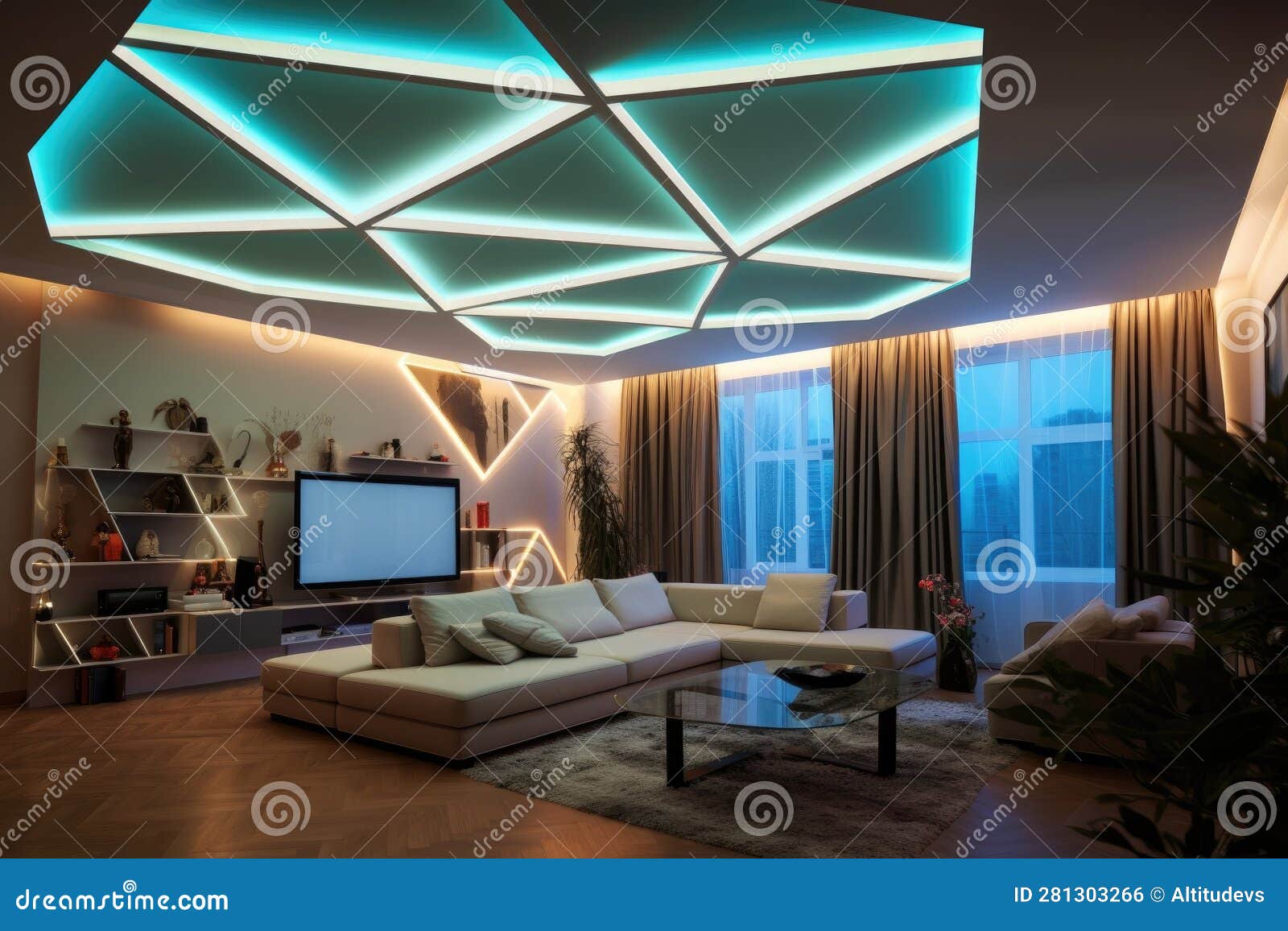 Modern Geometric Ceiling Design with Led Lights Stock Illustration ...