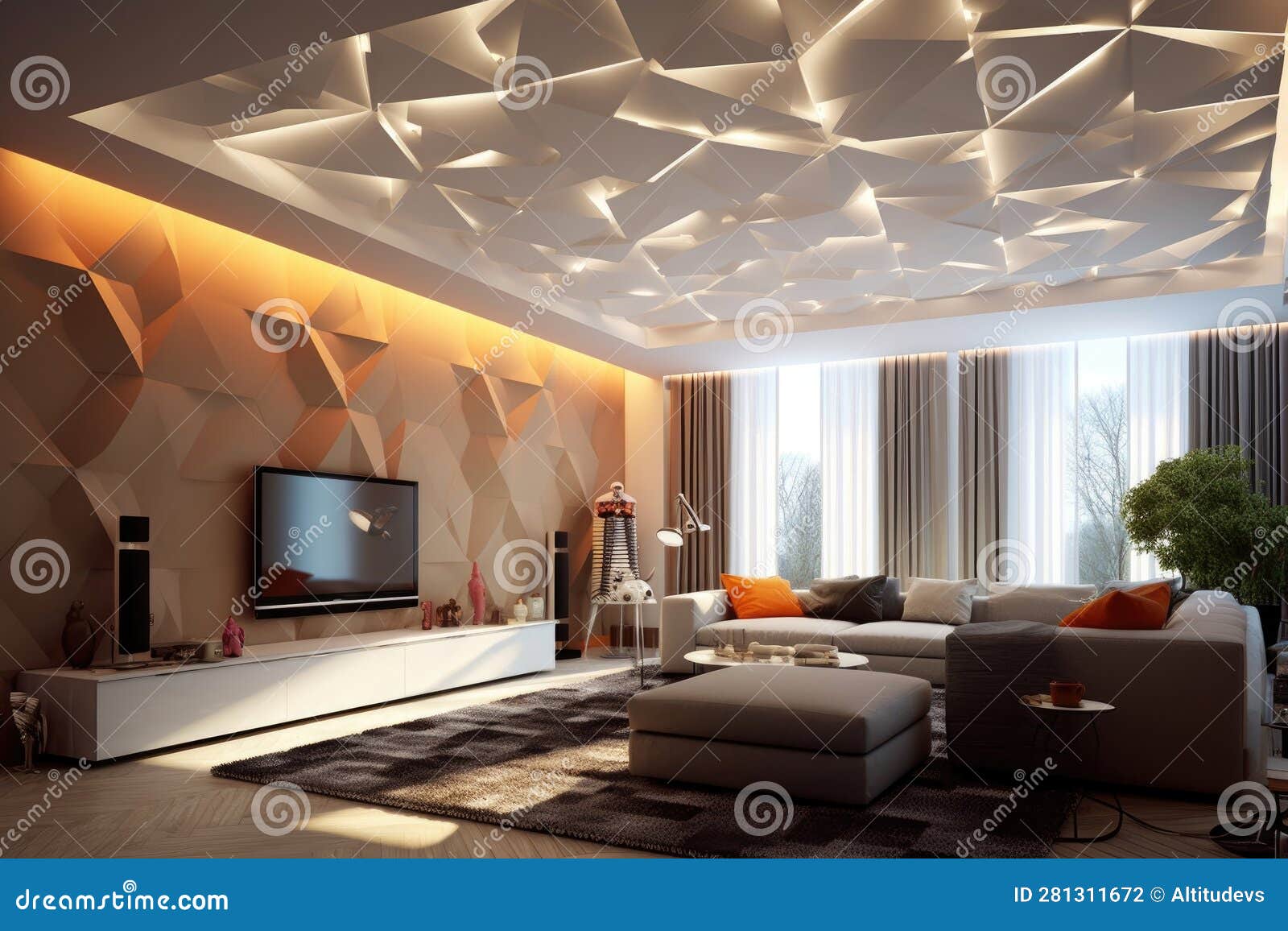 Modern Geometric Ceiling Design with Led Lights Stock Illustration ...