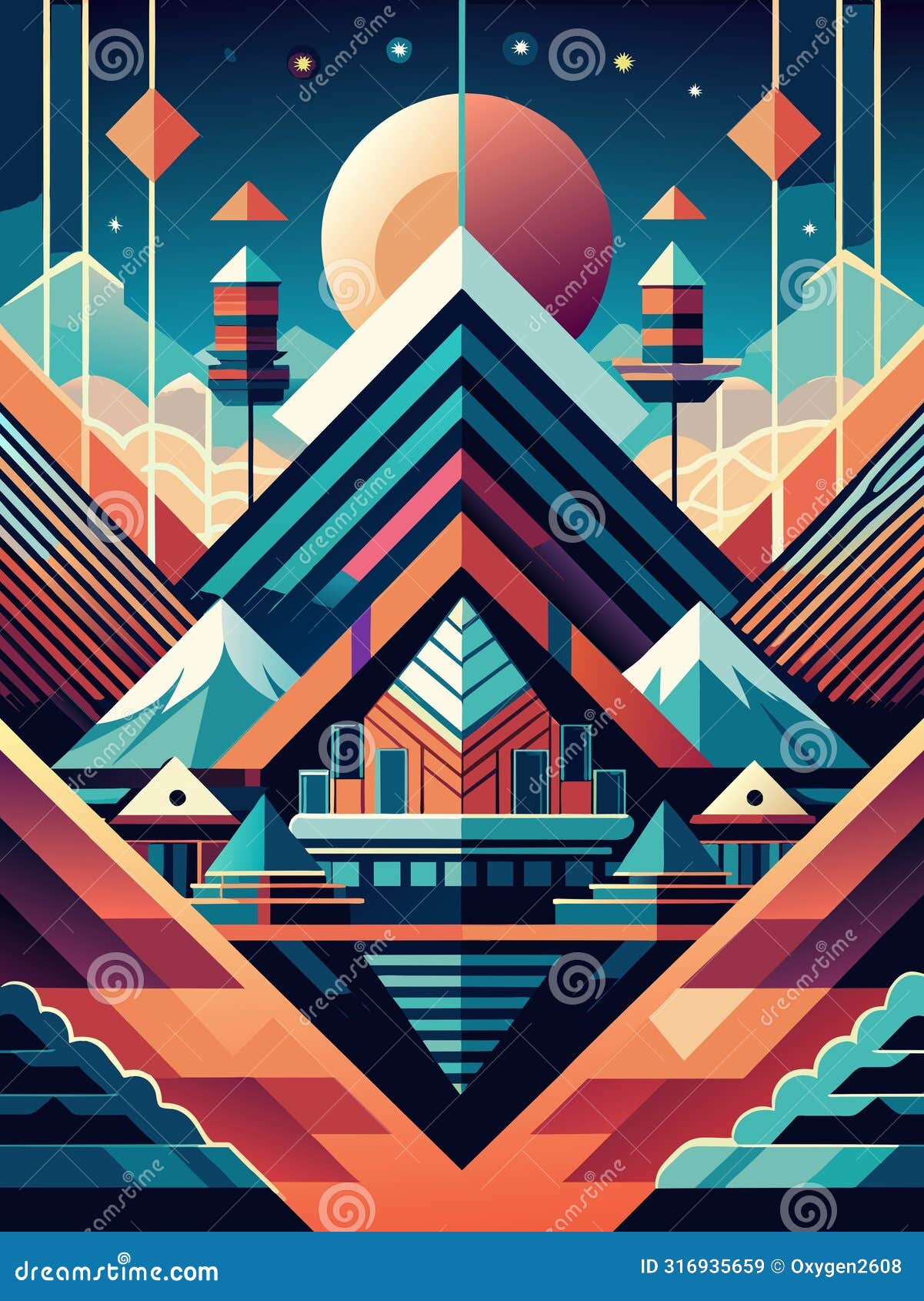 Modern Geometric Mountain Landscape Illustration with Vibrant Colors ...