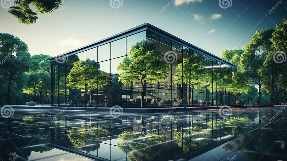 Modern Glass Building with a Reflecting Pool in Front, Surrounded by ...