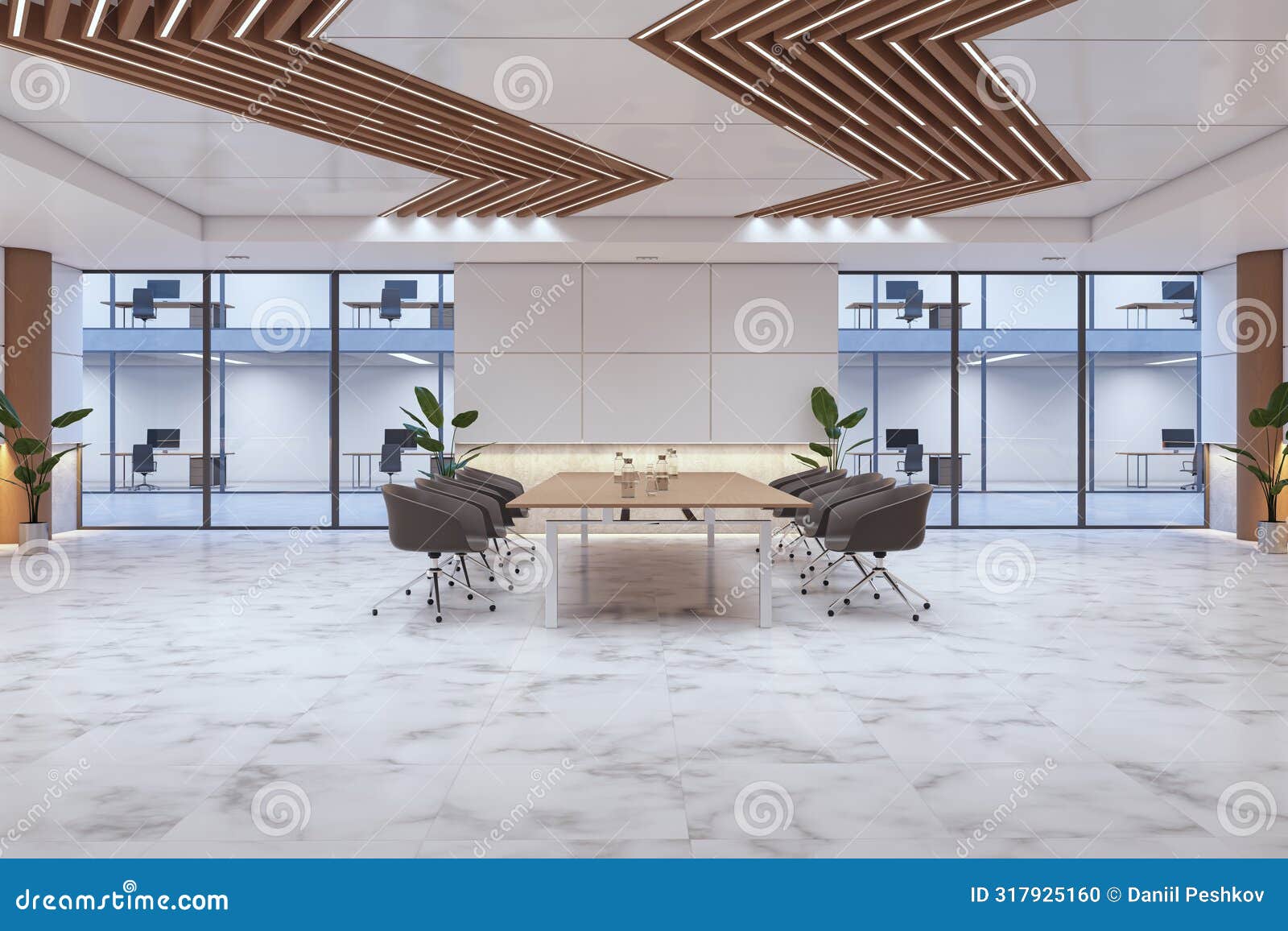 Modern Glass Conference Room Interior with Creative Ceiling. Stock ...