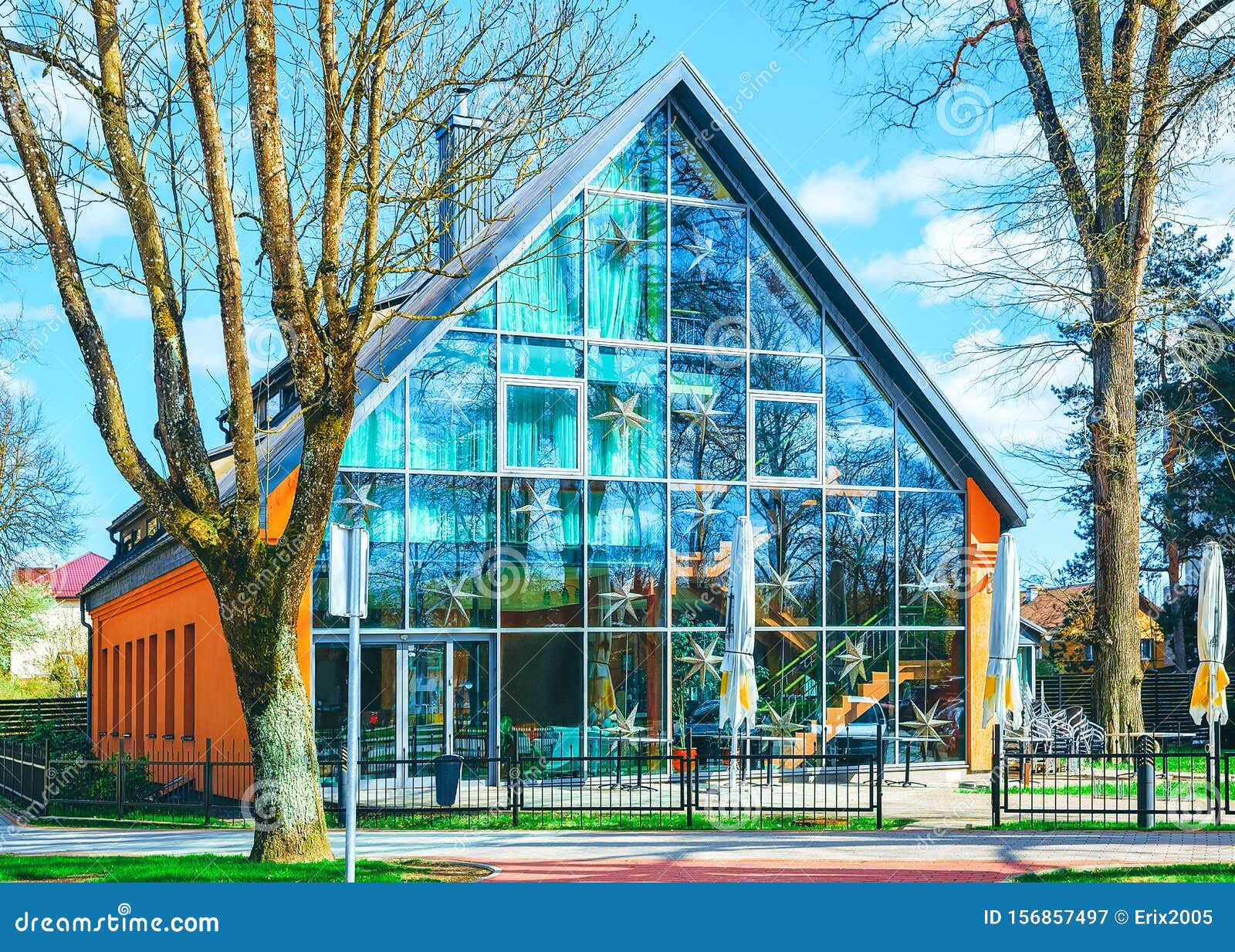 Modern Glass Cottage House with Courtyard Stock Image - Image of home ...