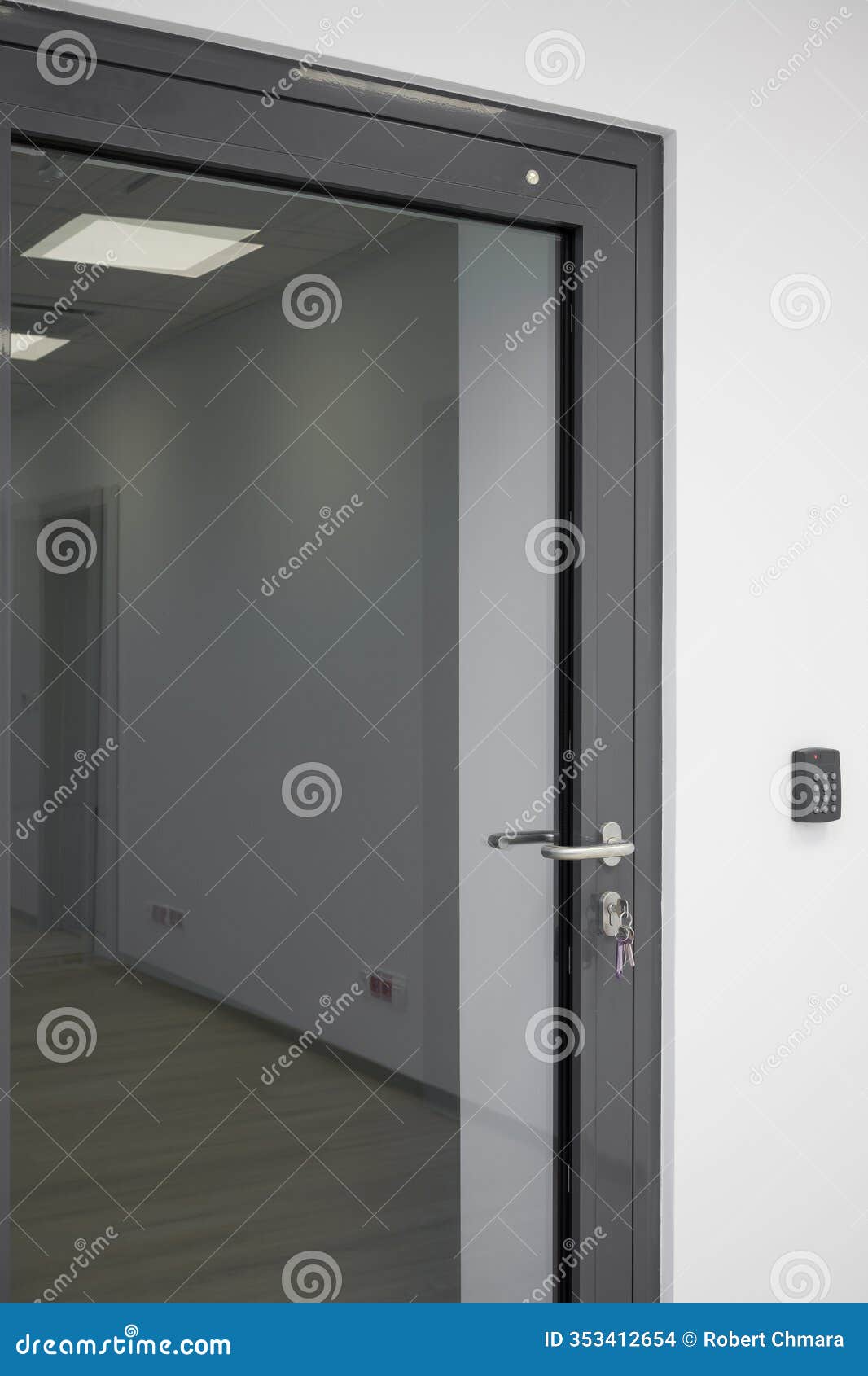 Modern Glass Door with Handle, Keys and Security Panel Stock Photo ...