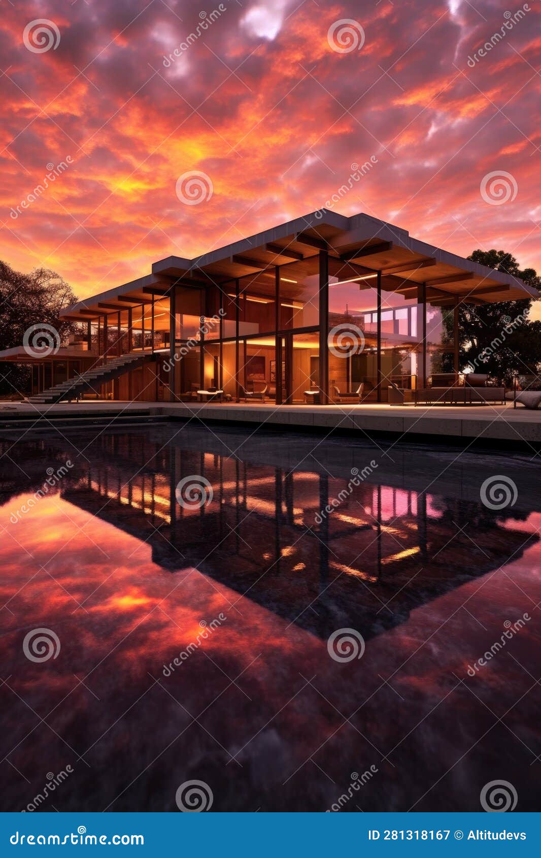 Modern Glass House with Reflecting Pool at Sunset Stock Illustration ...