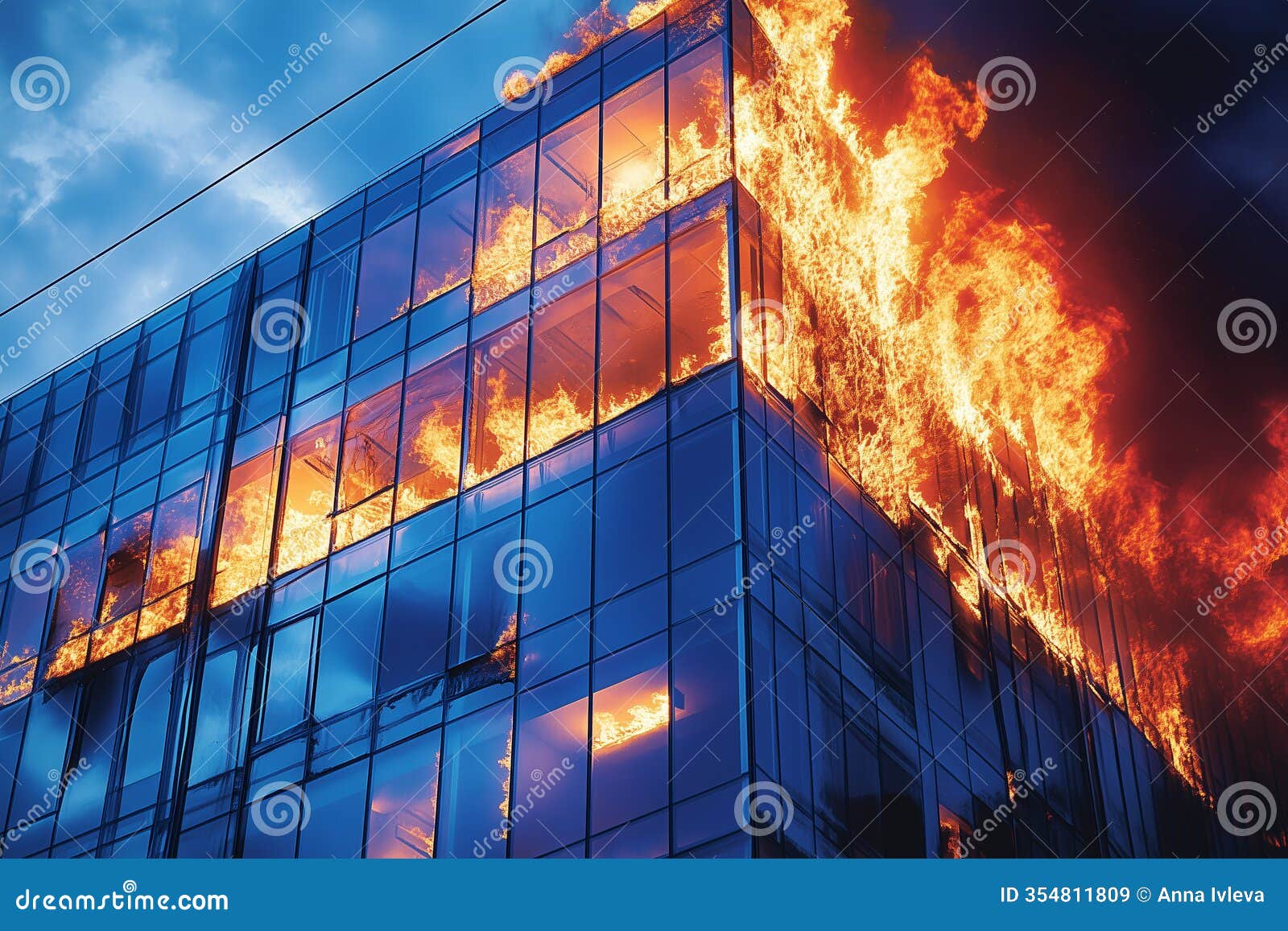 Modern Glass Office Building Engulfed in Flames during Evening Hours ...