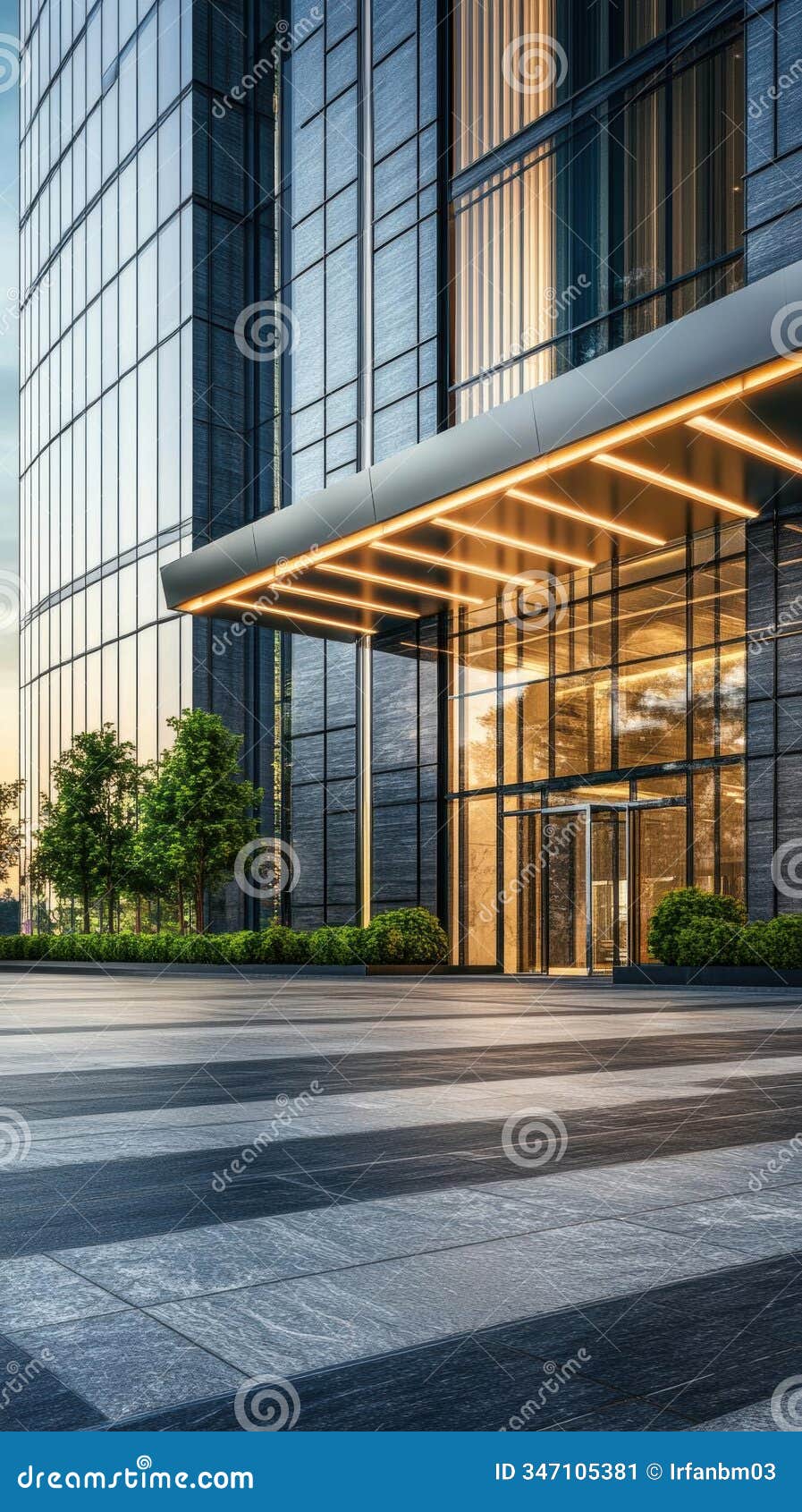 Modern Glass Skyscraper Entrance with Illuminated Canopy Stock ...