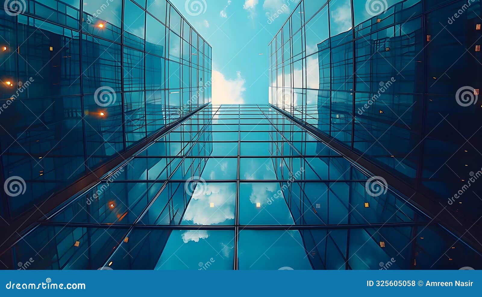 Modern Glass Skyscraper Faced with Reflections of Blue Sky and Orange ...