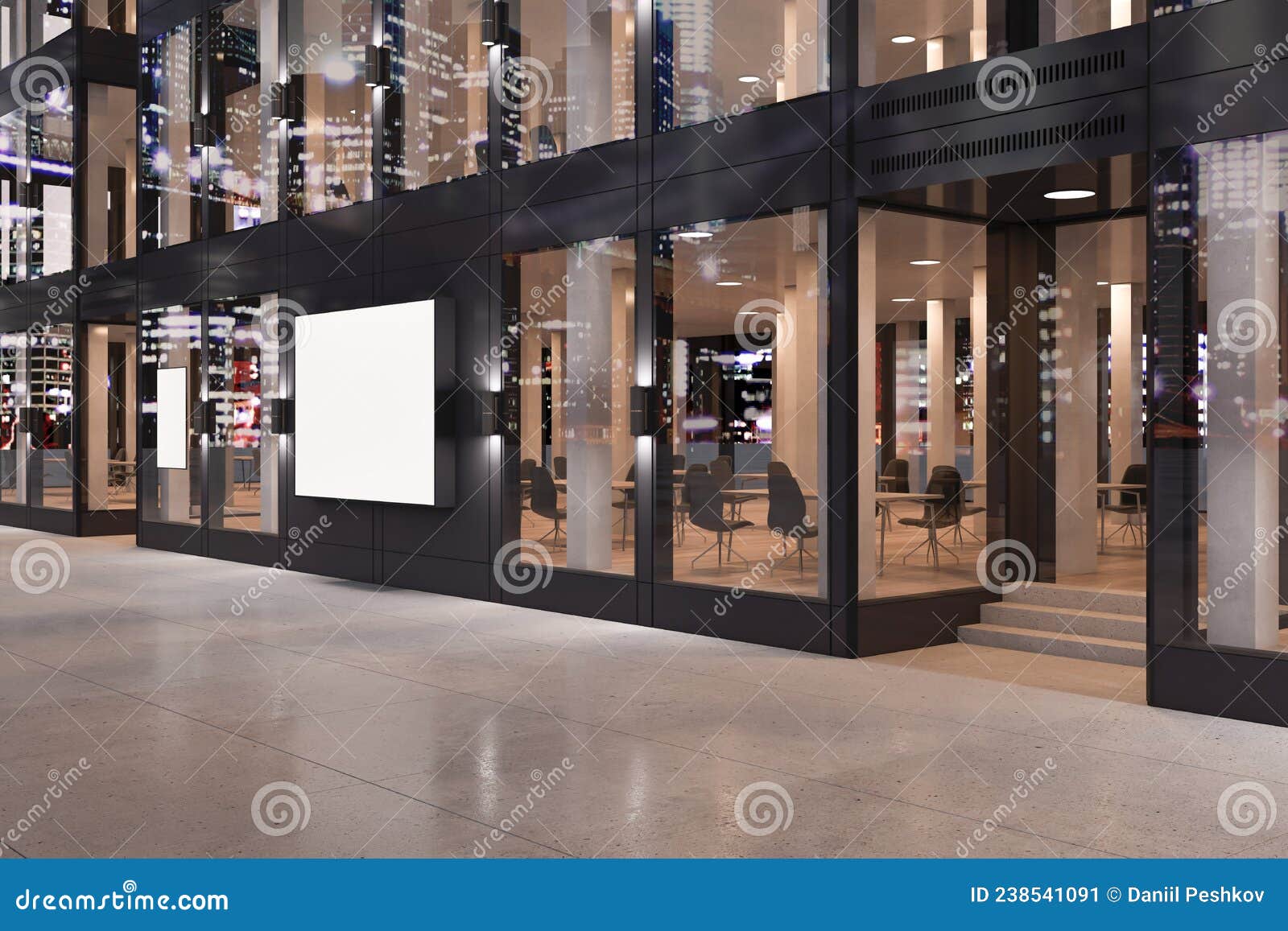 Modern Glass Store Front Exterior Design with Reflections and Empty ...