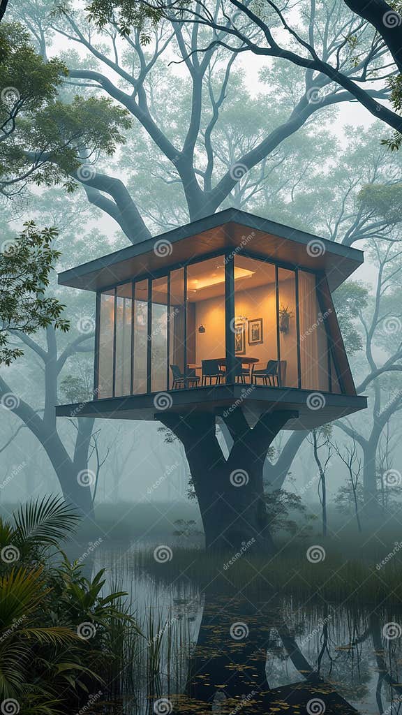 Modern Glass Treehouse in Misty Forest with Warm Interior Lighting ...
