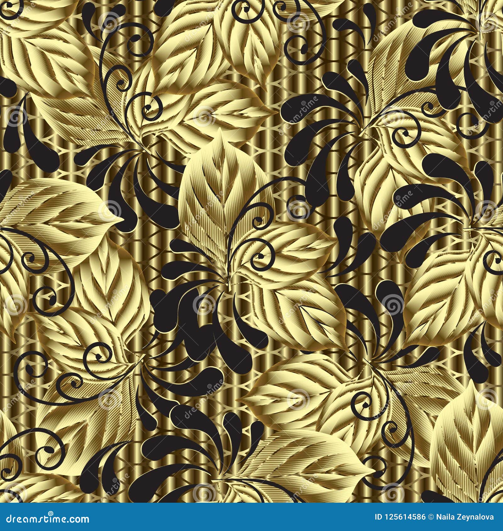 Modern Gold 3d Leafy Vector Seamless Pattern. Textured Grid Lattice ...