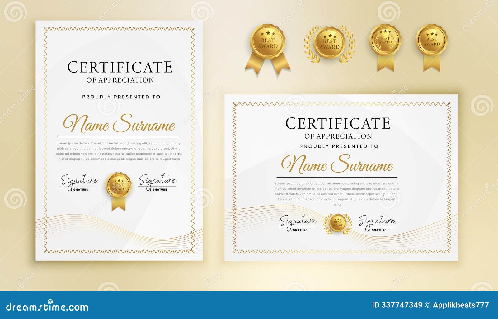 Modern Gold and Wavy Lines Certificate with Badges Stock Illustration ...