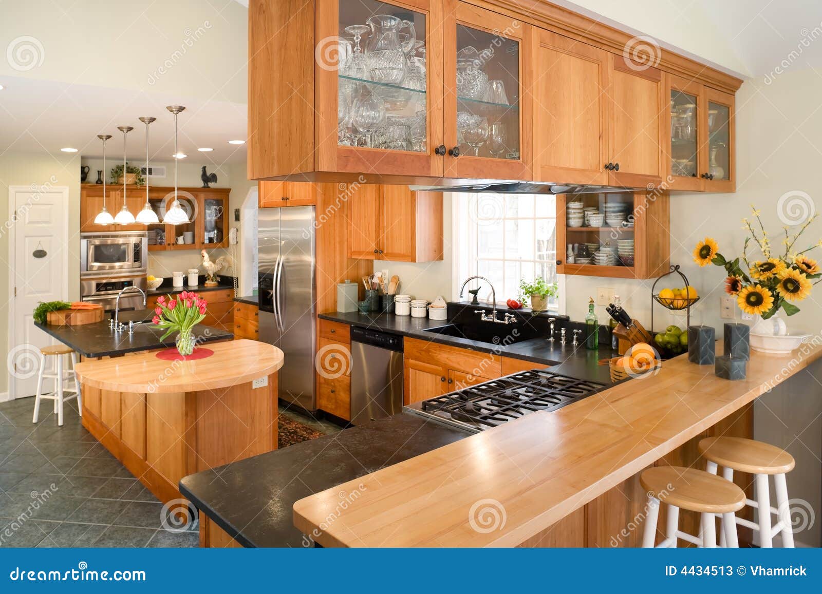 Modern Gourmet Cherry Kitchen. Stock Image - Image of microwave, slate ...
