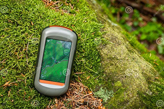 Modern GPS Navigation on the Floor of Green Forest Stock Photo - Image ...