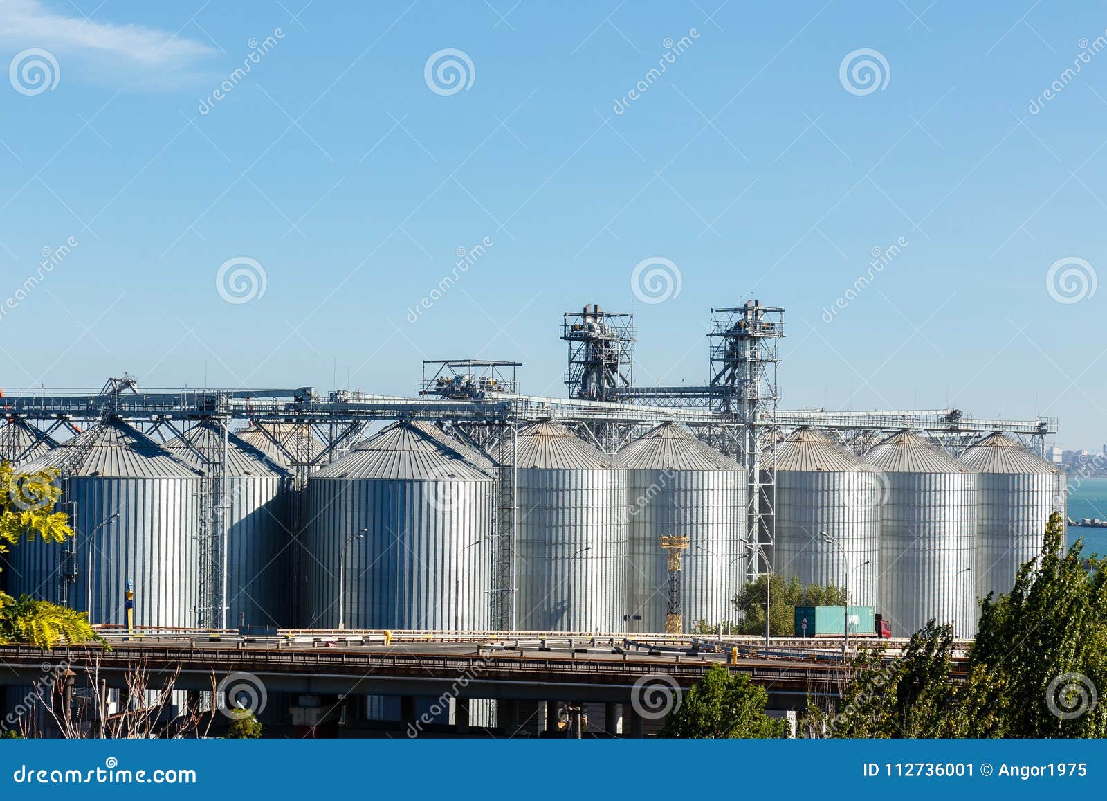 Modern Grain Terminal. Metal Tanks Of Elevator. Grain-drying Complex ...
