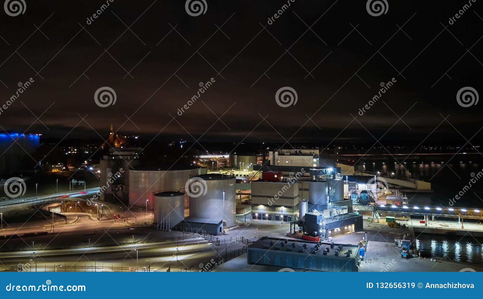 Modern Grain Terminal at Night. Metal Tanks of Elevator. Grain-drying ...